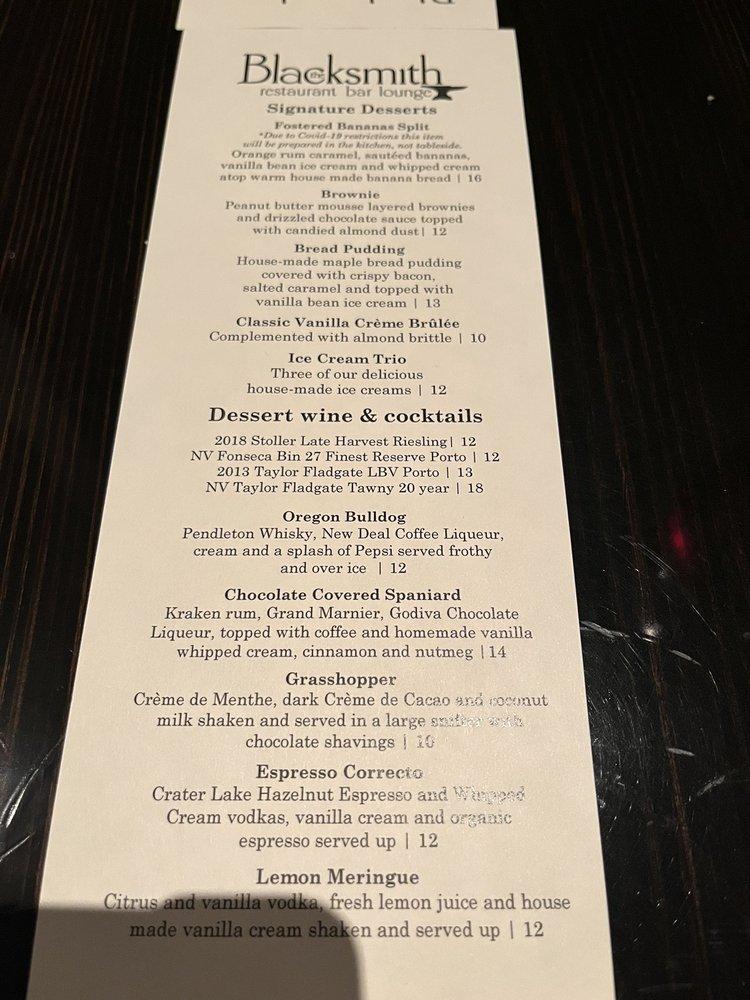 Menu at The Blacksmith Restaurant, Bend