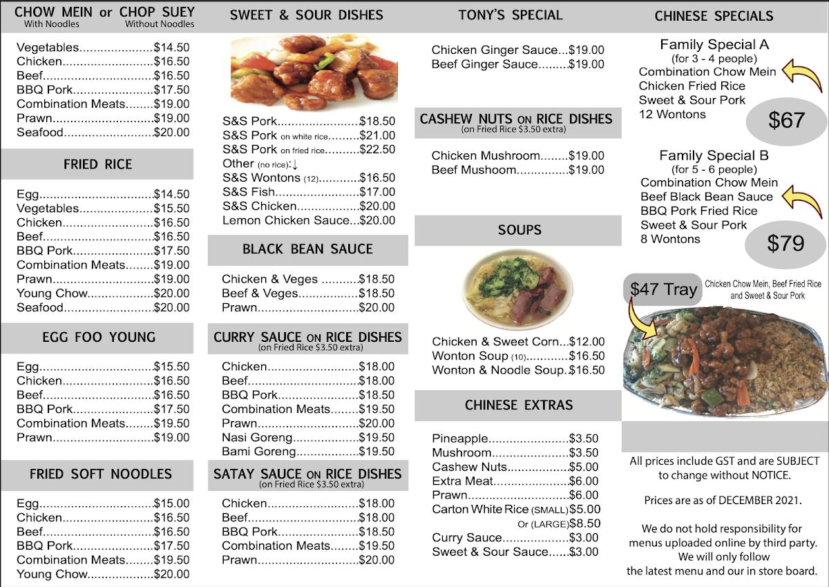 Menu at Tony's Takeaway fast food, Auckland