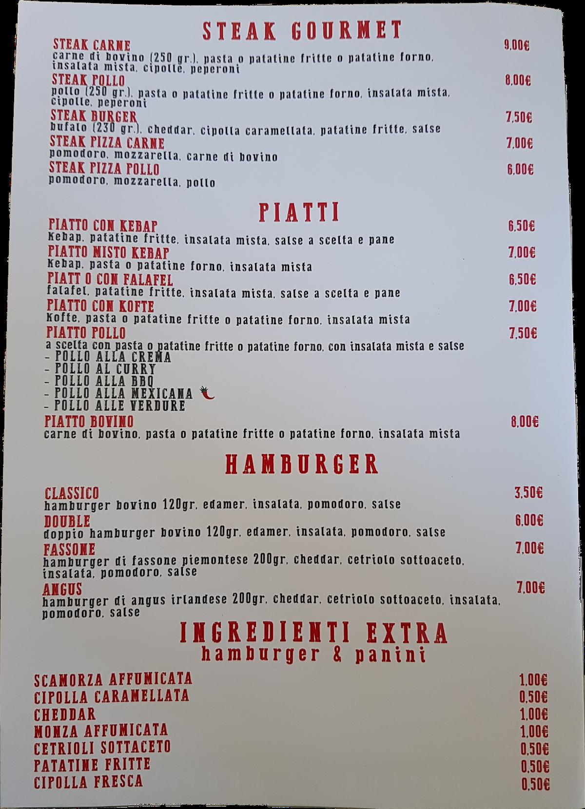 Menu at Torino Steak House restaurant, Turin