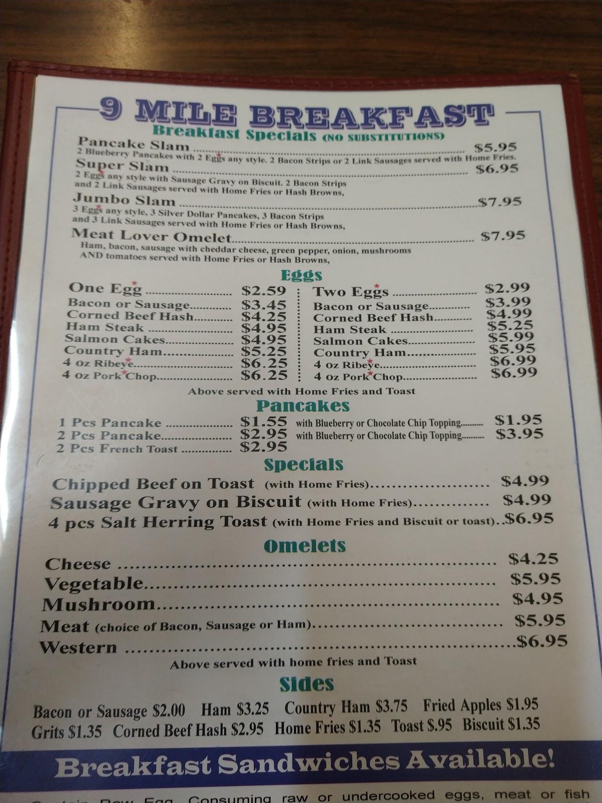 Menu at 9 Mile Grill restaurant, Highland Springs, 309 W Nine Mile Rd