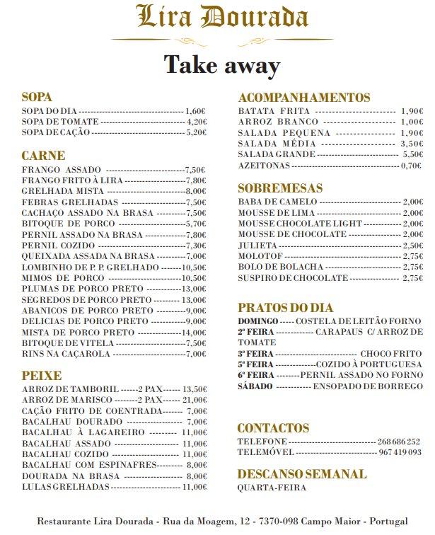 Menu em A Lira Dourada Hotelaria e Restauração, Lda restaurante, Campo ...