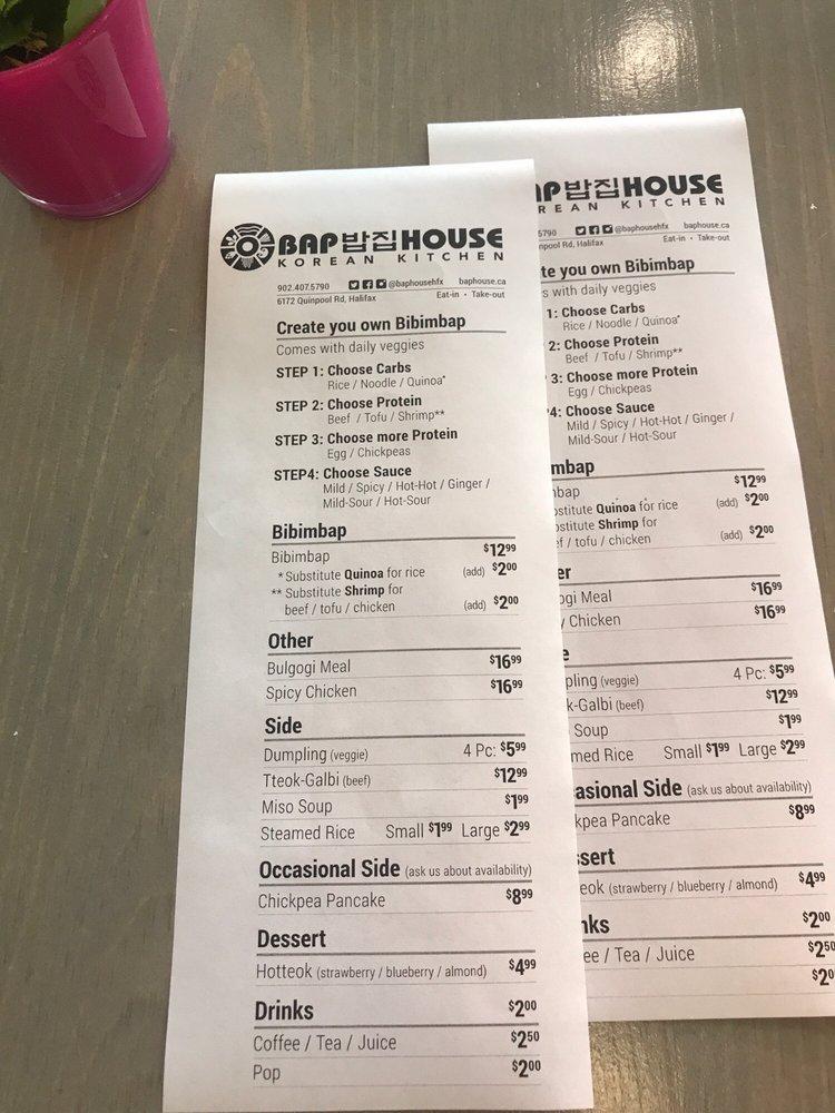 Menu at Bap House Korean Kitchen restaurant, Halifax
