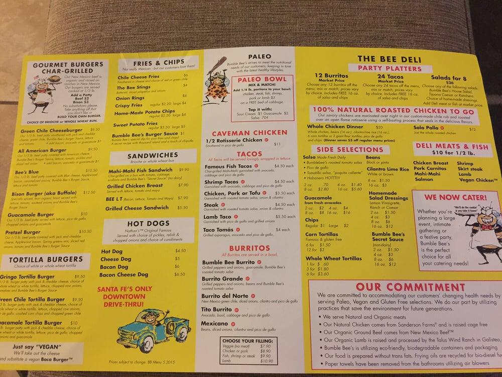 Menu at Bumble Bee's Baja Grill restaurant, Santa Fe, 301 Jefferson St
