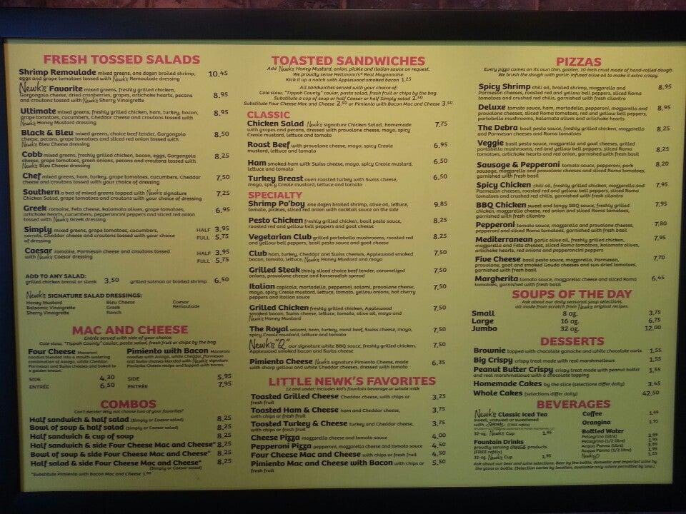 Menu at Newk's Eatery pizzeria, Summerville