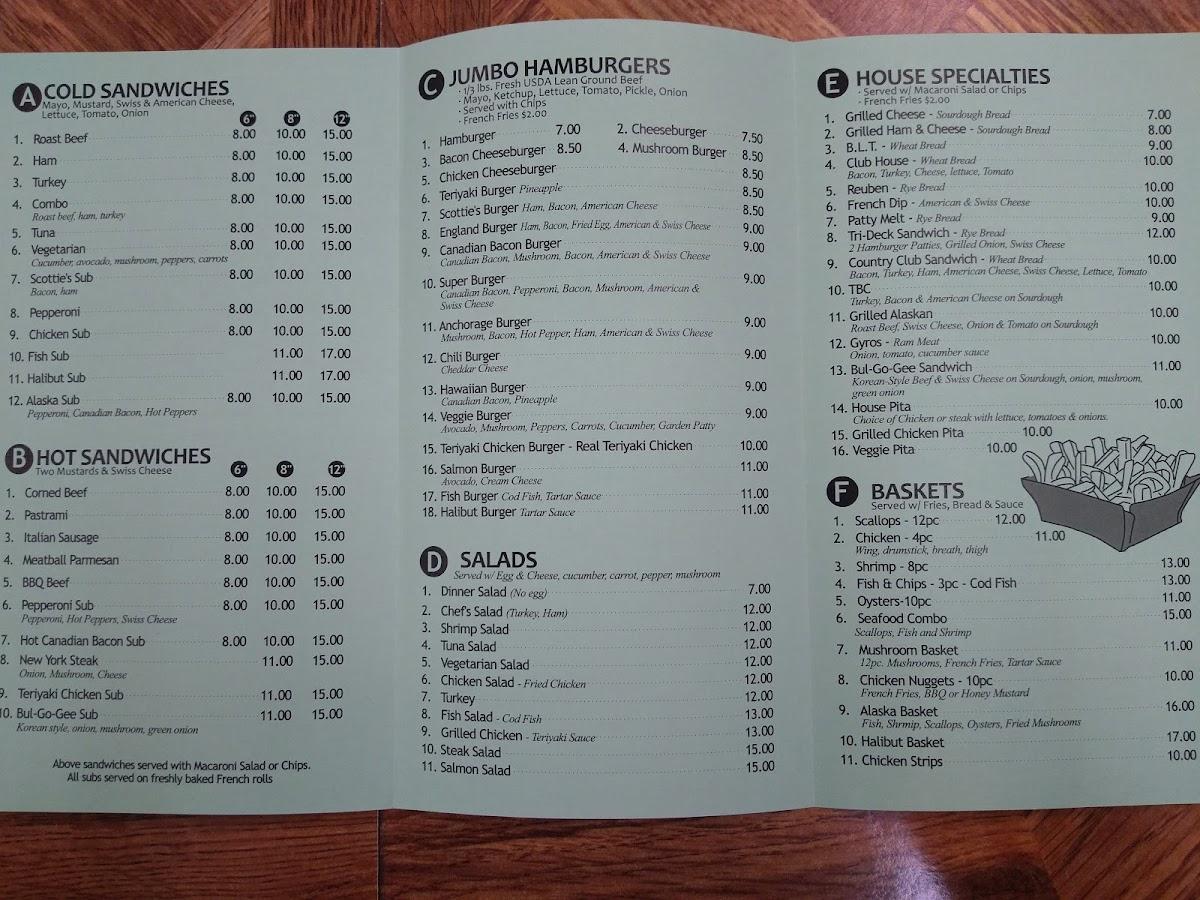 Menu at Scottie's Sub Shop fast food, Anchorage