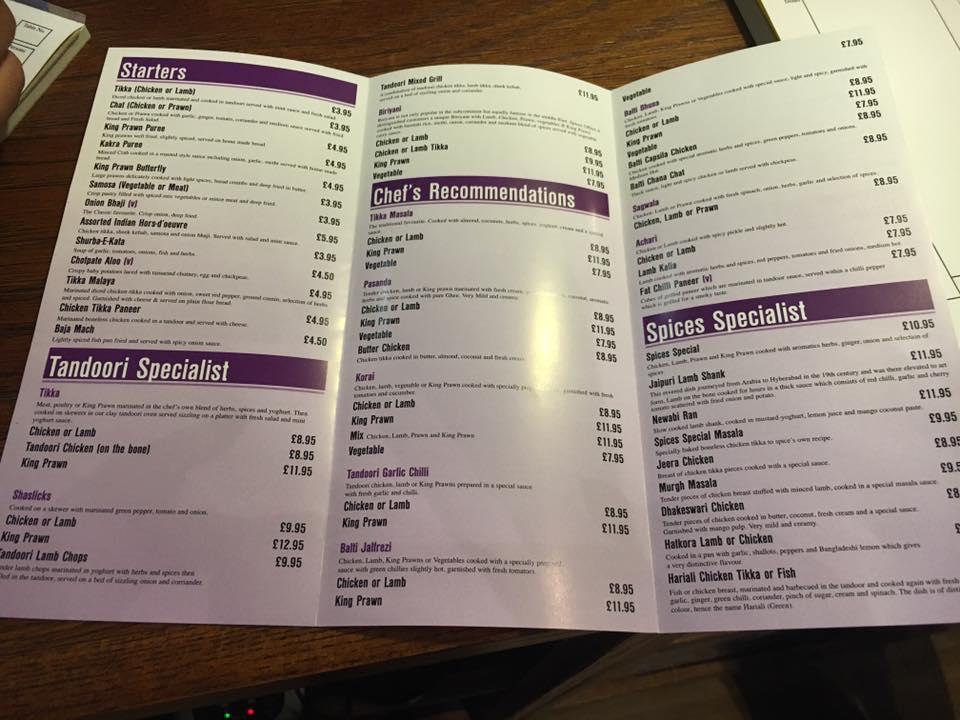Menu at Spices restaurant, Saltburn-by-the-Sea
