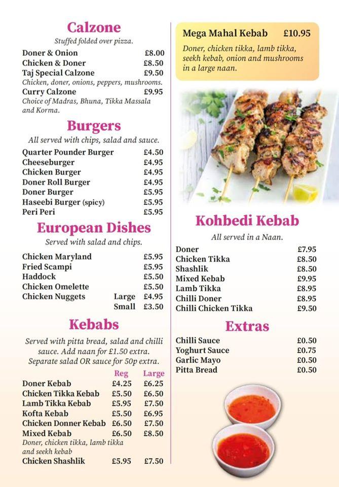 Menu at Taj Mahal restaurant, Newport-on-Tay