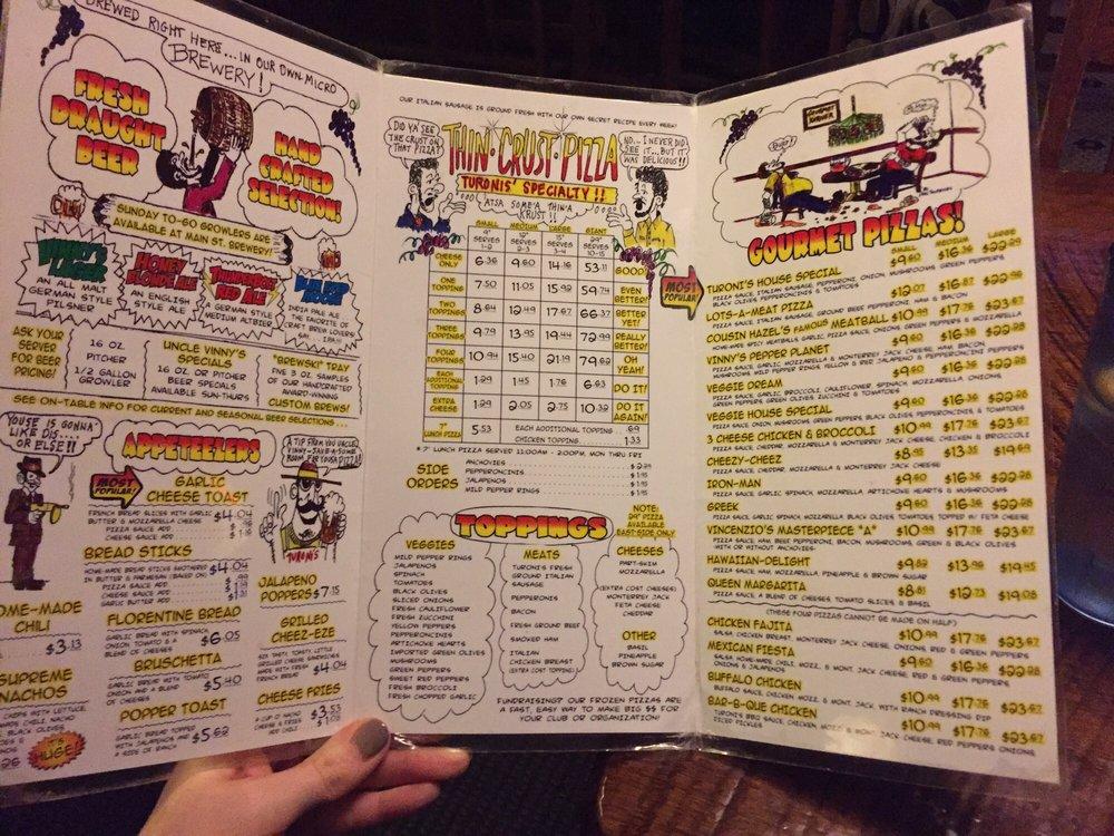 Menu at Turoni's Pizzery & Brewery pizzeria, Evansville, 408 N Main St