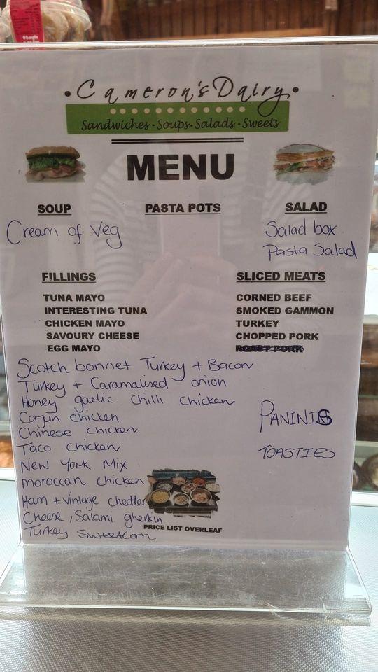 Menu at Cameron's Dairy restaurant, Dunoon