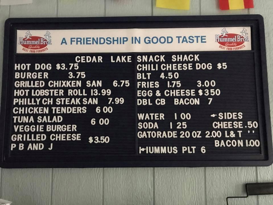 Menu at Cedar Lake Snack Shack restaurant, Chester