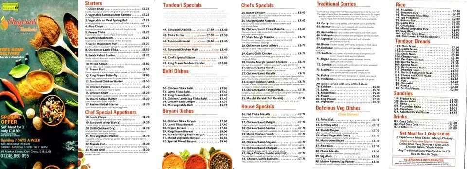 Menu at Clay Cross Tandoori restaurant, North Wingfield
