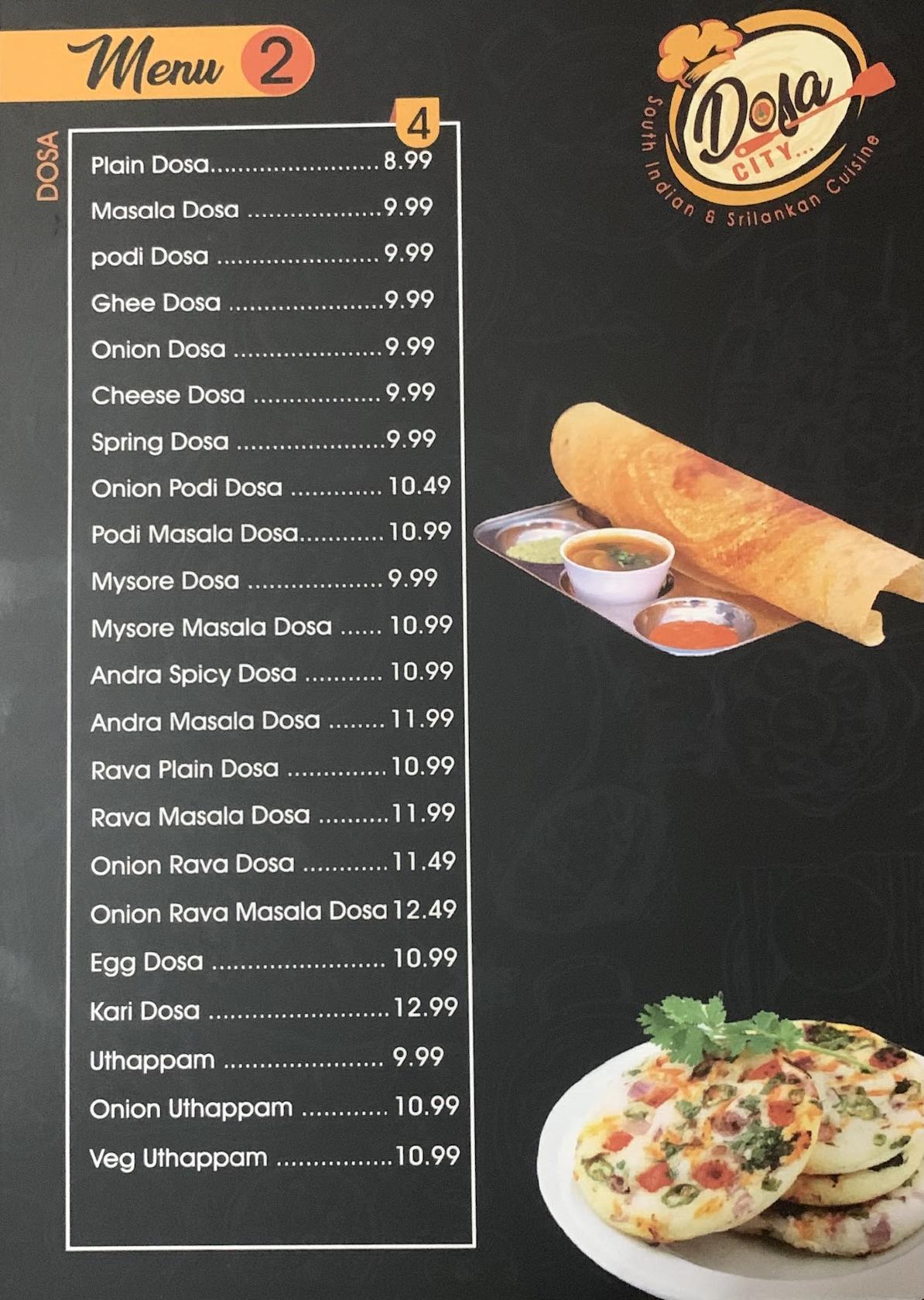Carta del restaurante Dosa City, San Antonio