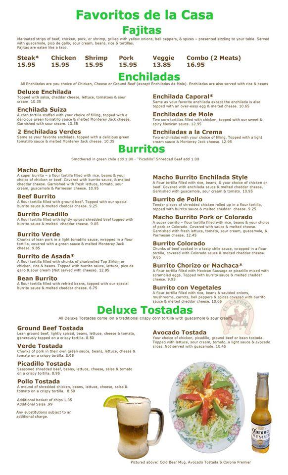 Menu at El Caporal Family Mexican Restaurant, Cañon City, Main St