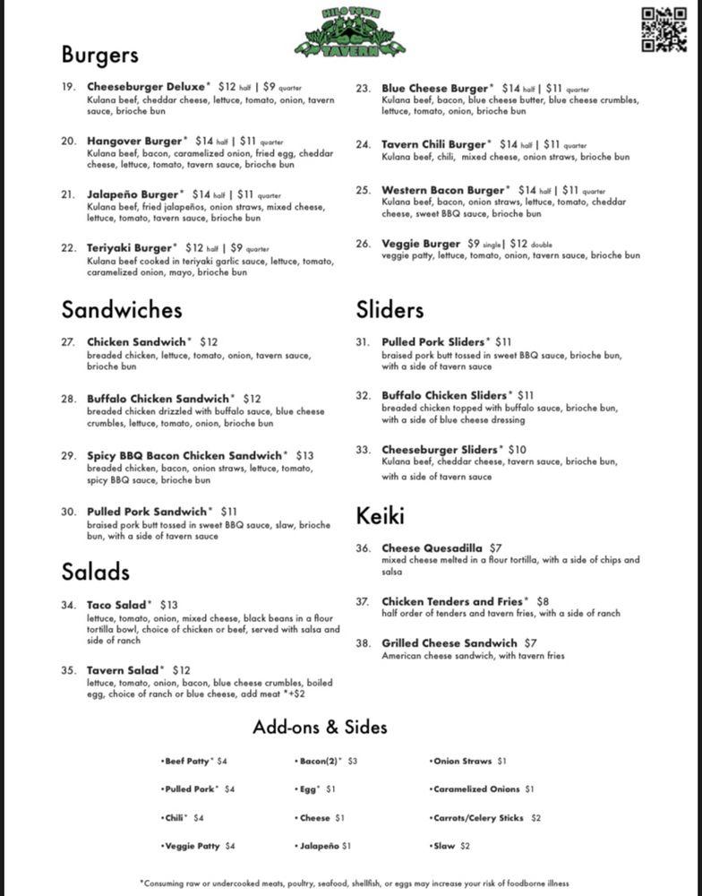 Menu at Hilo Town Tavern restaurant, Hilo