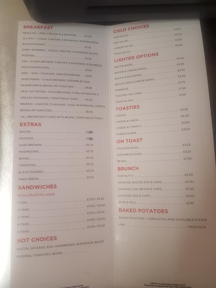 Menu at Kay's Cafe, Billingham