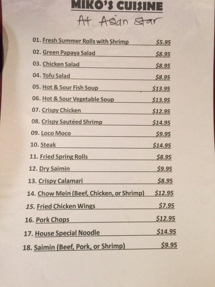 Menu at Miko’s Cuisine restaurant, Wailuku