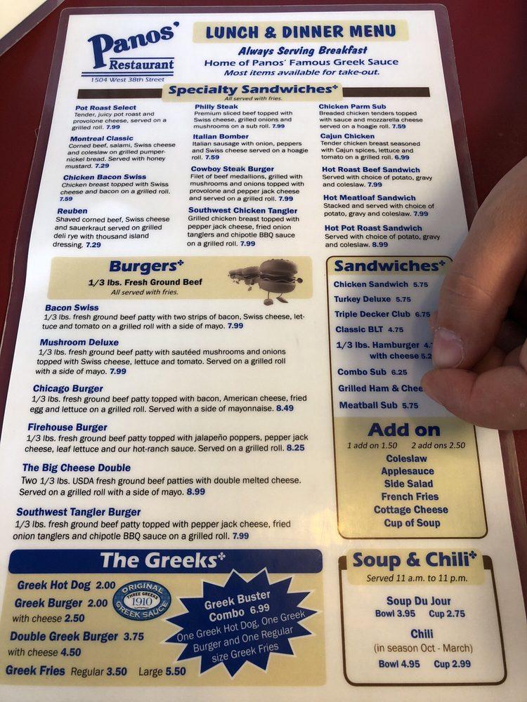 Menu at Panos' Restaurant, Erie
