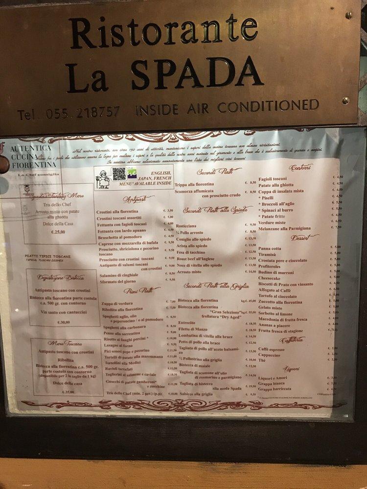 Menu at Ristorante La Spada, Florence, Via della Spada