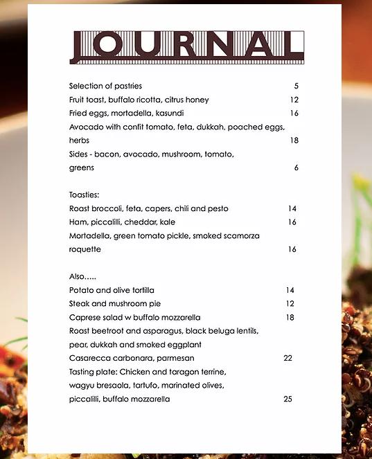 Menu at The Journal Cafe, Melbourne