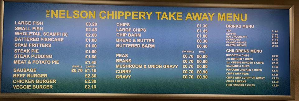 Menu at The Nelson Chippery restaurant, St Helens