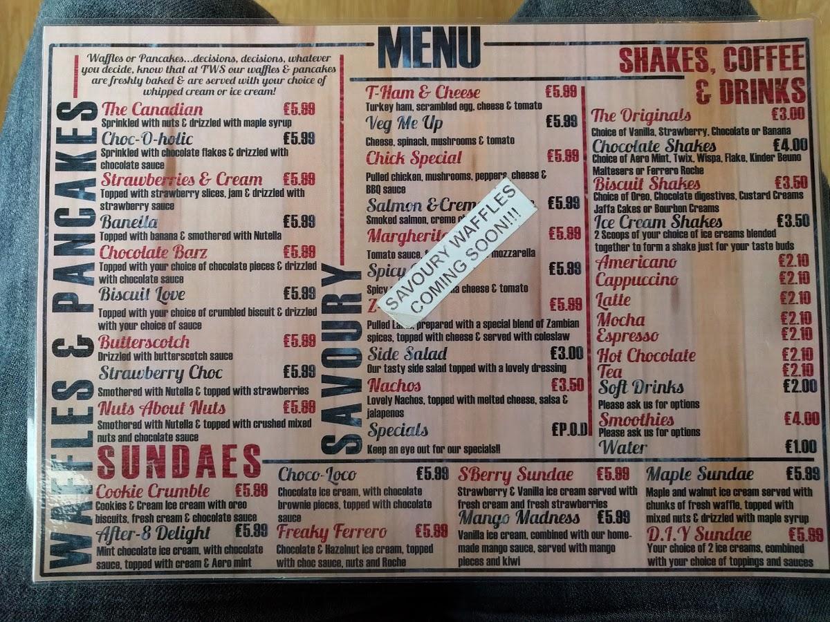 Menu at The Waffle Shack cafe, Felixstowe