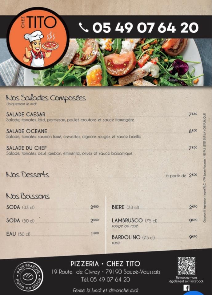 Carta del restaurante Chez tito, Sauzé-Vaussais