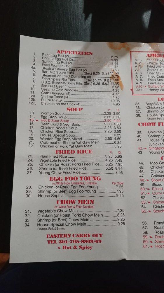 Menu at Eastern Carryout restaurant, Waldorf