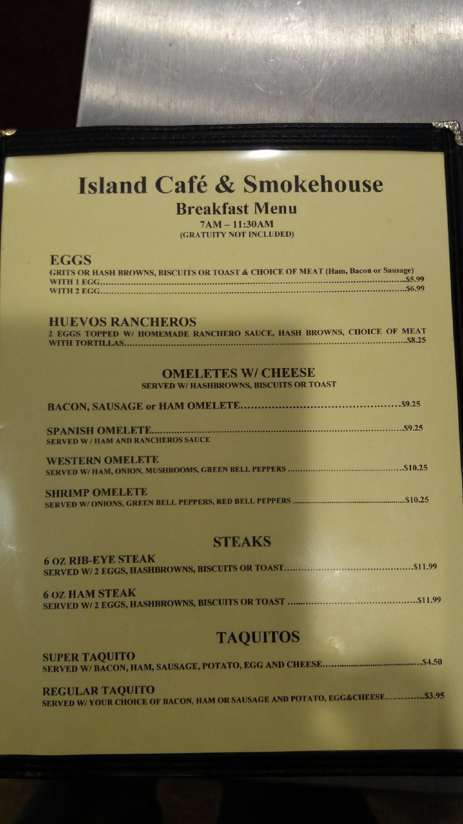 Carta de Island Cafe, Port Aransas