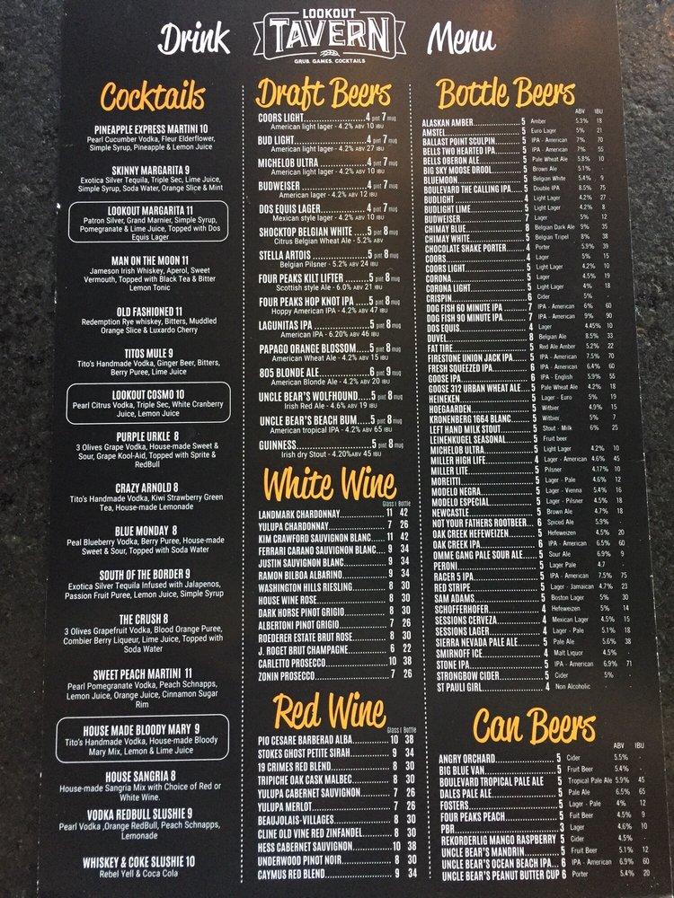 Menu at Lookout Tavern pub & bar, Phoenix