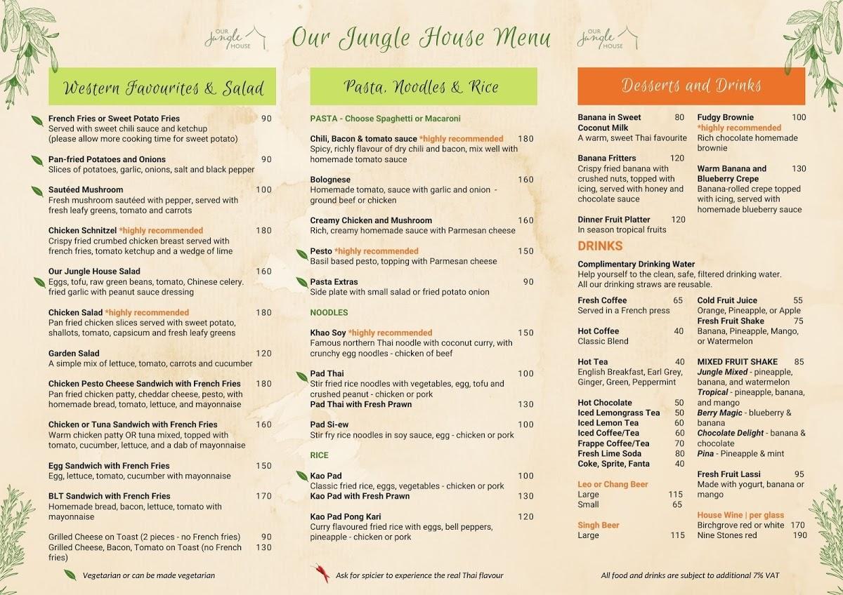 Menu at Our Jungle House restaurant, Khlong Sok