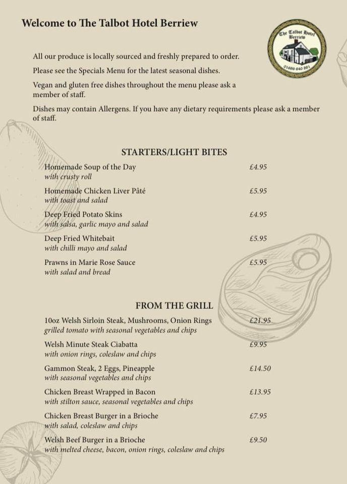 Menu at The Talbot Hotel pub & bar, Welshpool