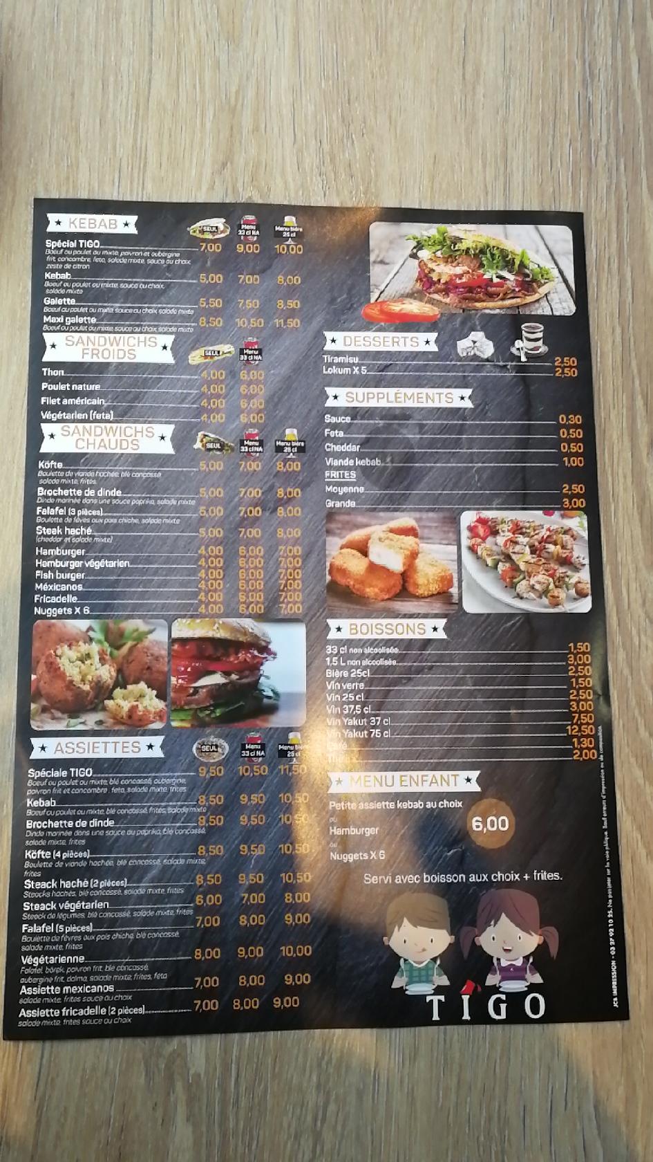 Menu au Snack tigo Wingles restaurant, Wingles