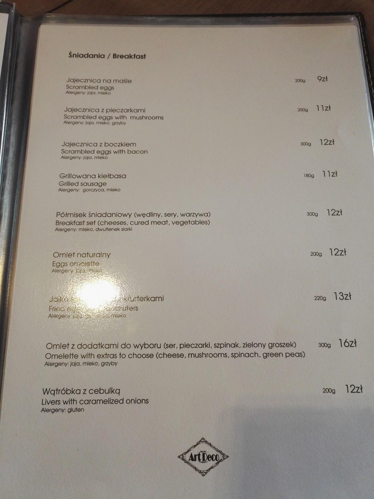 Menu at Art Deco restaurant, Oswiecim
