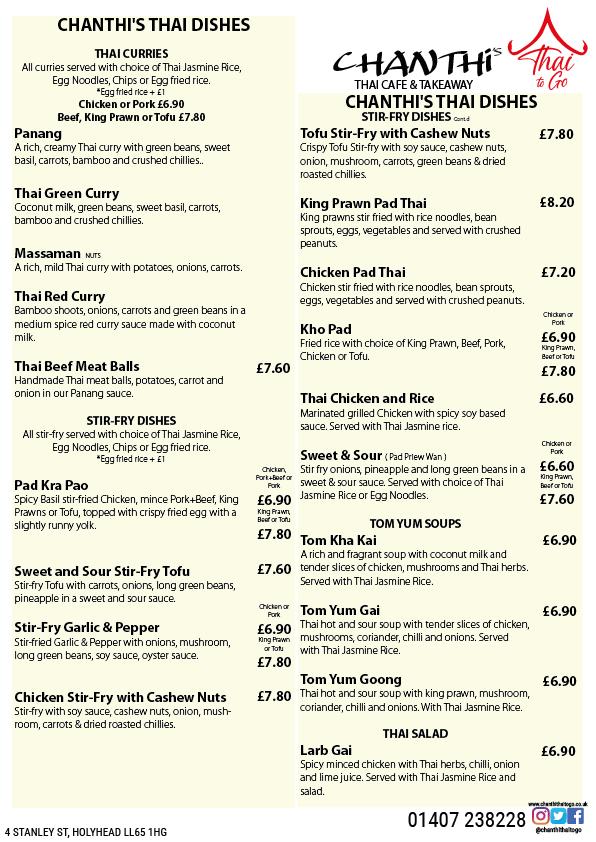 Menu at Chanthi's Thai to Go restaurant, Holyhead