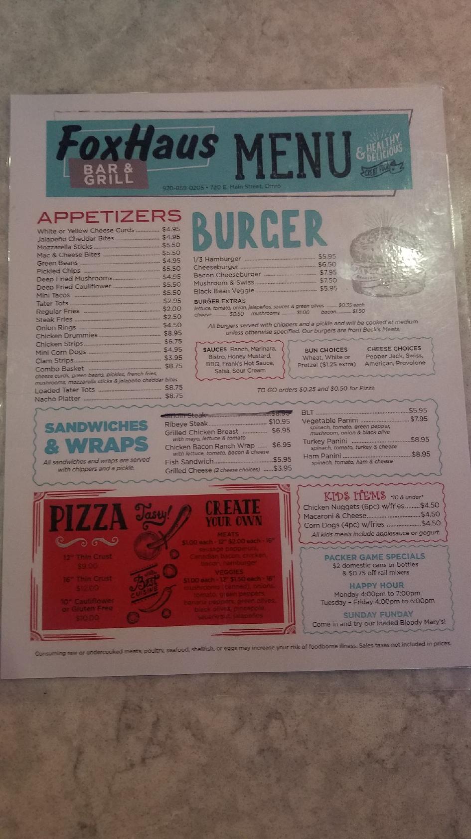 Menu at Fox Haus Bar & Grill, Omro