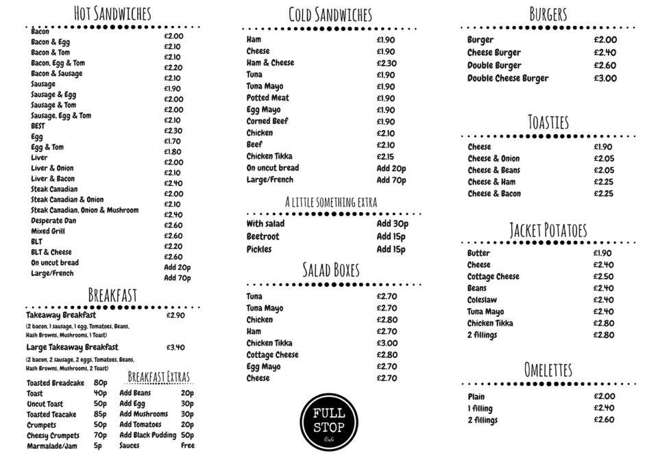 Menu at Full Stop Cafe, Sheffield