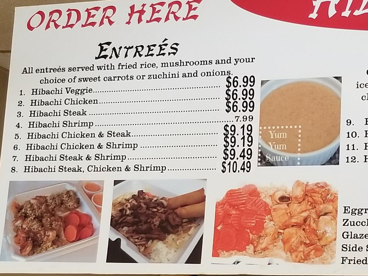 Menu at Hibachi House restaurant, Erwin