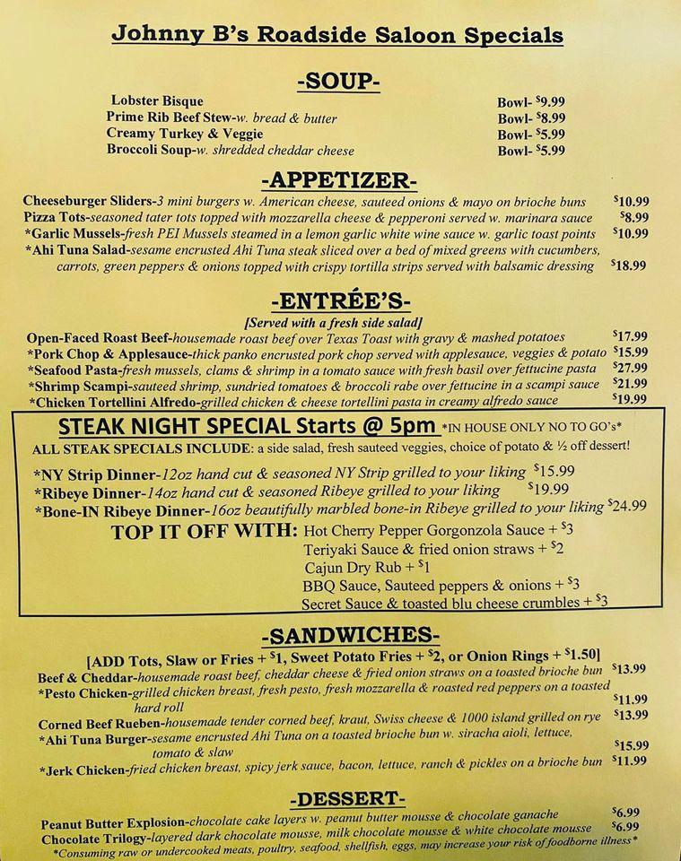 Menu at Johnny B's Roadside Saloon pub & bar, Wolcott