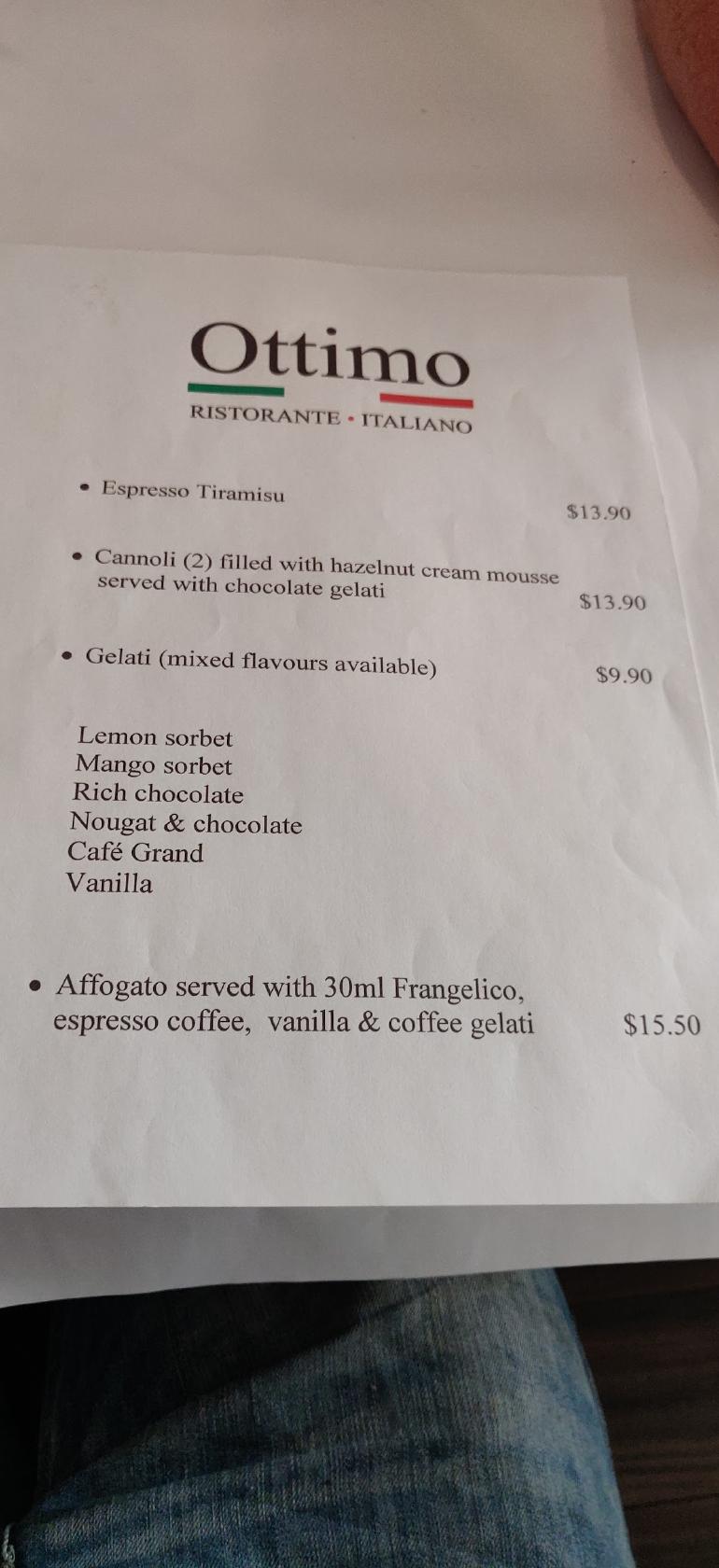 Menu at Ottimo Ristorante Italiano restaurant, Hobart