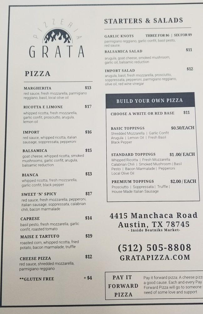 Menu at Grata’s Pizzeria, Austin, S Lamar Blvd