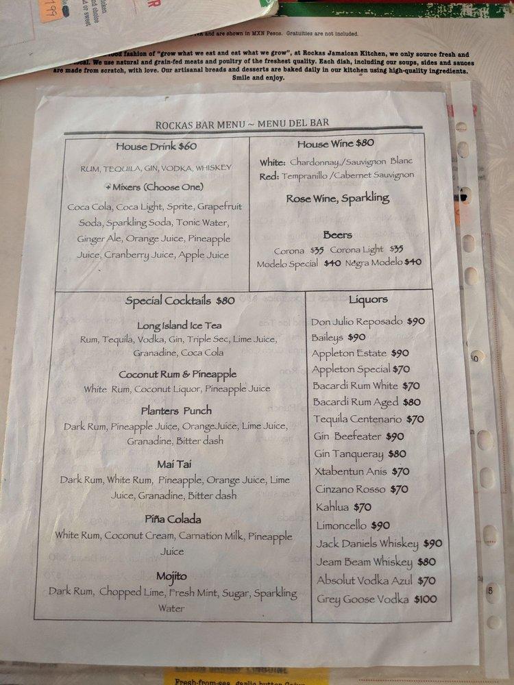 Menu at Rockas Jamaican Kitchen restaurant, Playa del Carmen