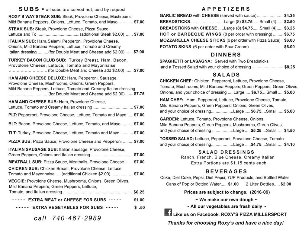 Menu at Roxy's Pizza & Restaurant, Millersport, Lancaster St