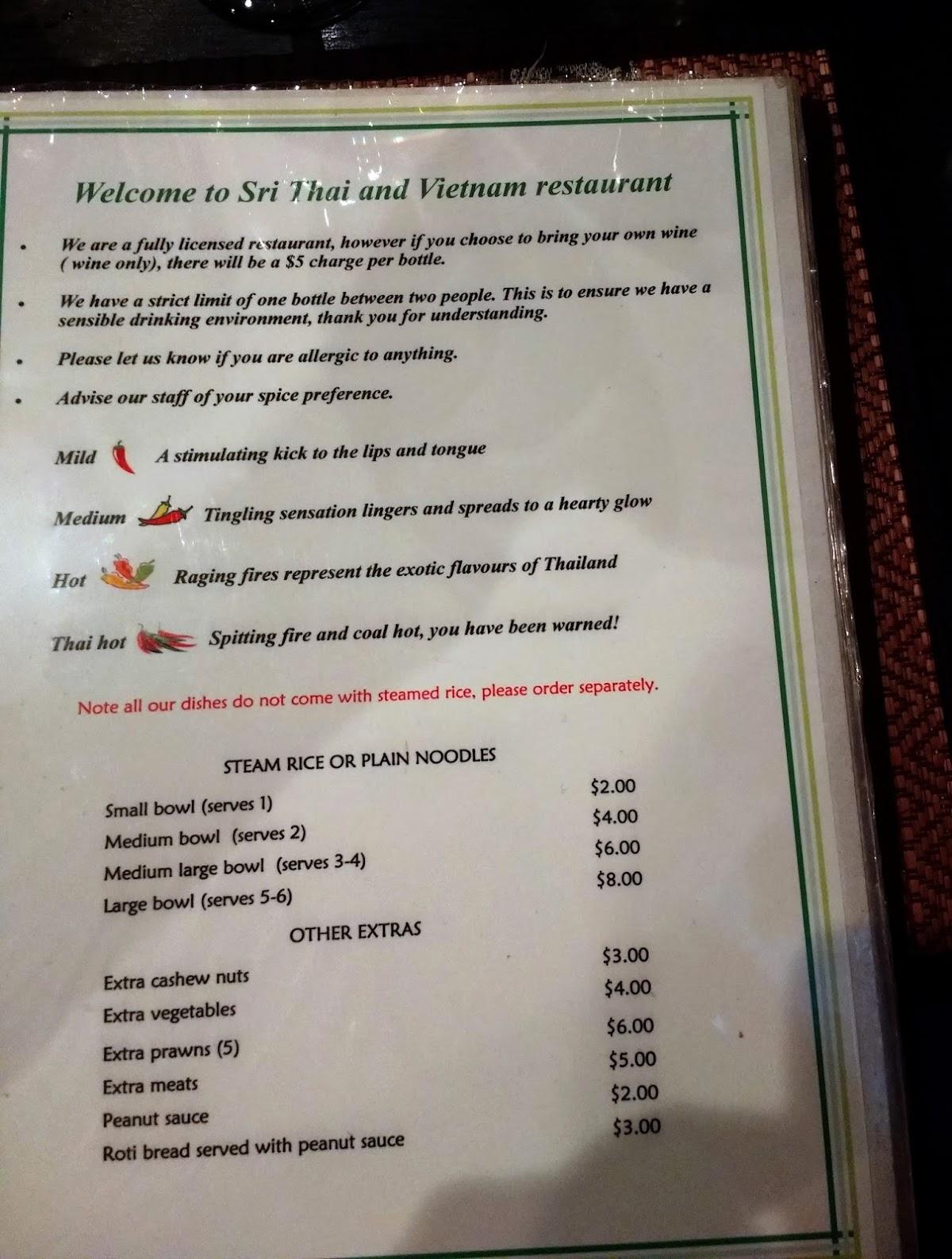 Menu at Sri Thai Restaurant, Napier