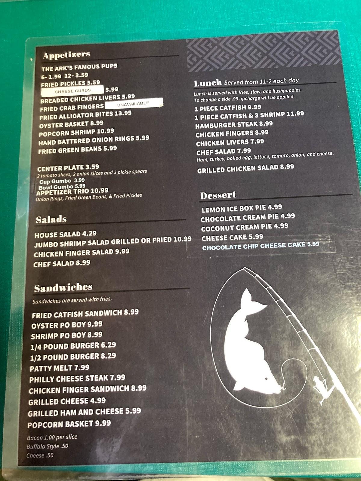Menu at The Ark restaurant, Riverside, US-78