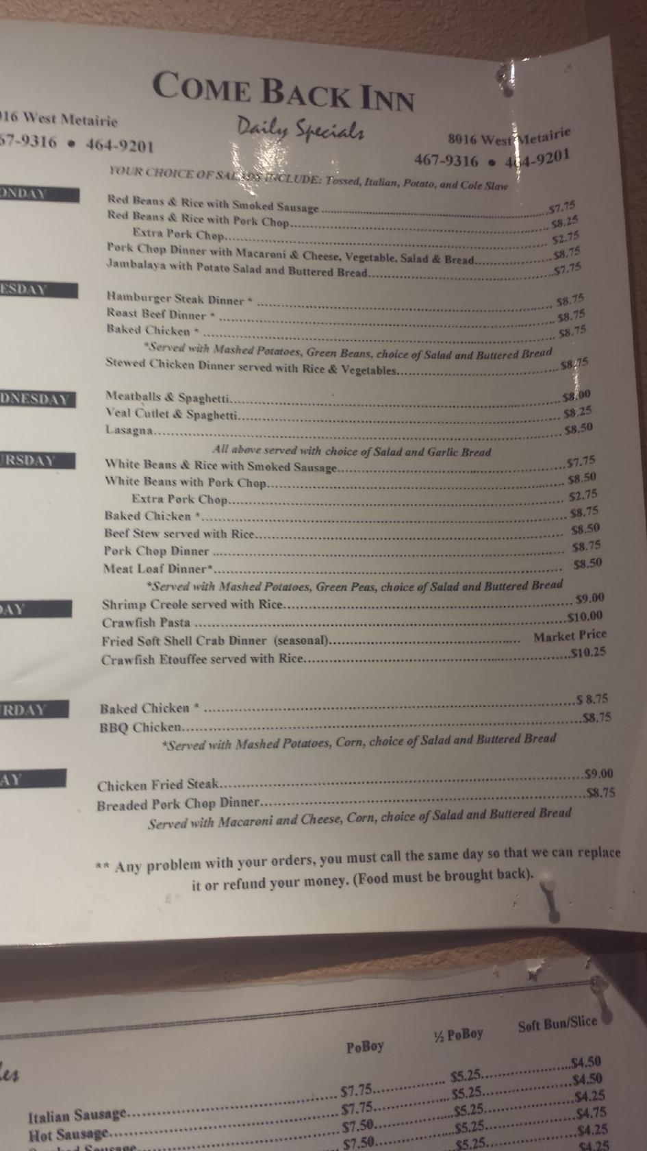 Menu at Come Back Inn restaurant, Metairie, W Metairie Ave