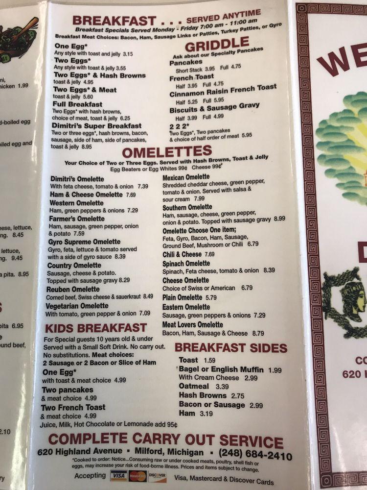 Menu at Dimitri's Coney Island restaurant, Milford Charter Township