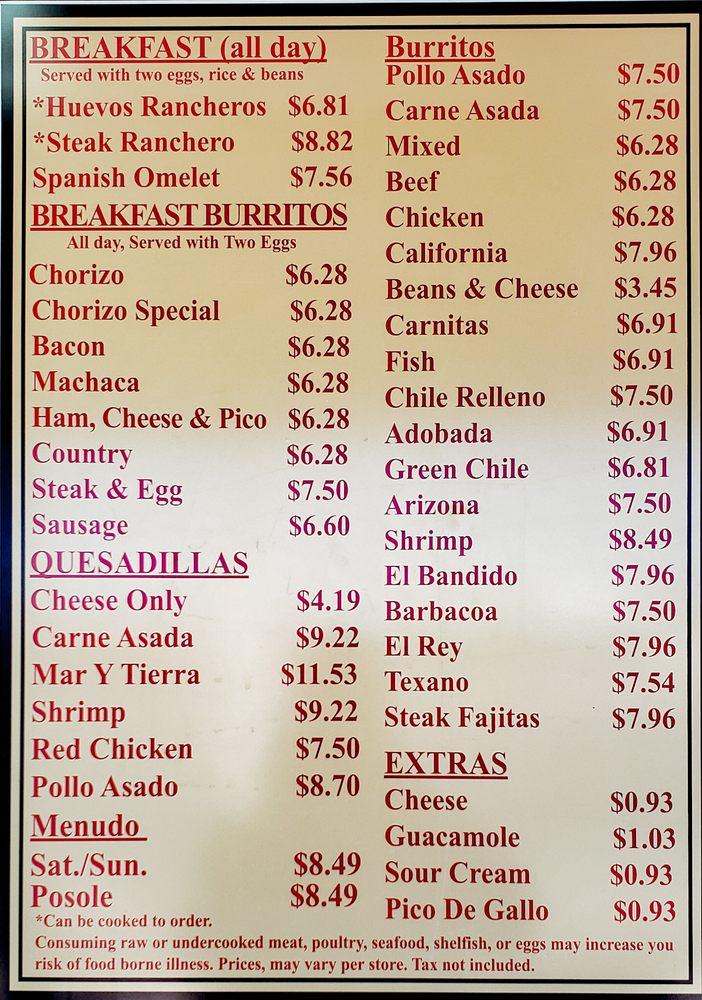 Menu at Frey's Mexican Food restaurant, Kingman, E Northern Ave