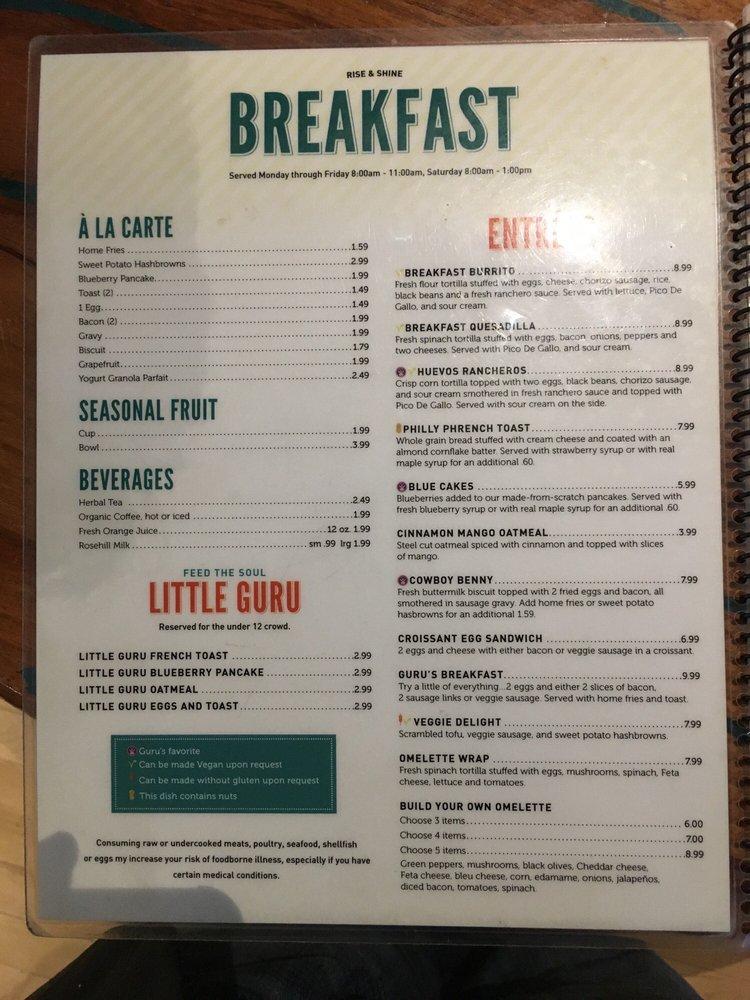 Menu at Guru's Cafe, Provo