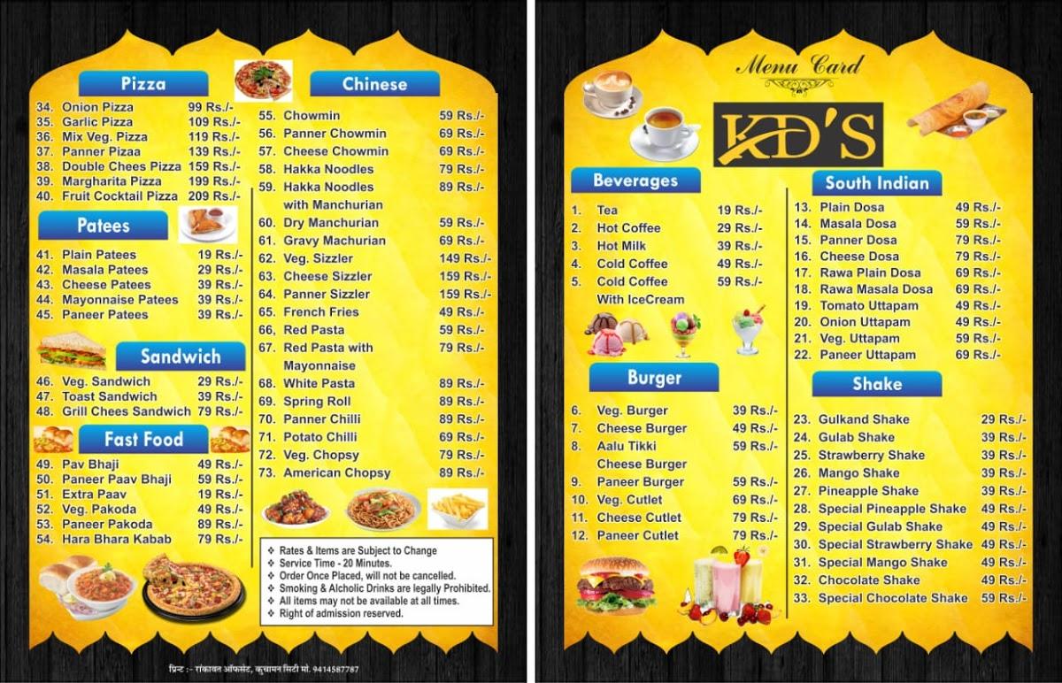 Menu at KD's Food Parlour, Kuchaman City