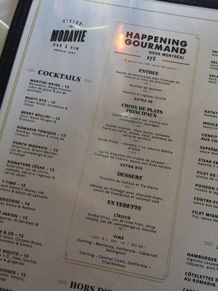 Menu au Modavie restaurant, Montréal, Rue Sainte-Catherine E